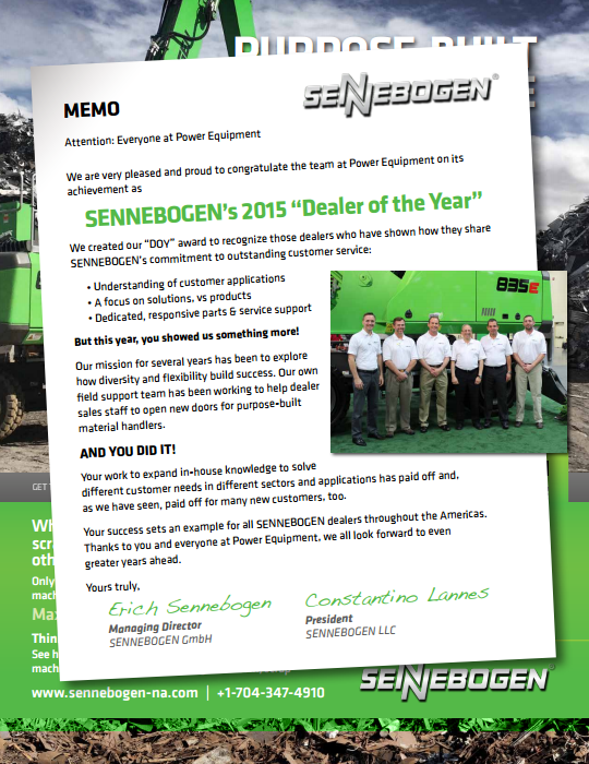 Sennebogen Announces Power Equipment Company as Dealer of the Year